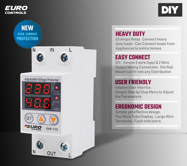 Euro EVP71S Automatic Adjustable over/Under Voltage Current Protector ...